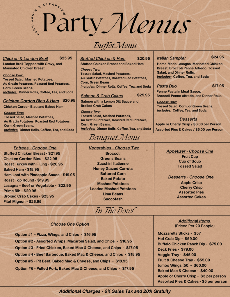 Banquet Menu – Hennigans Restaurant & Bar